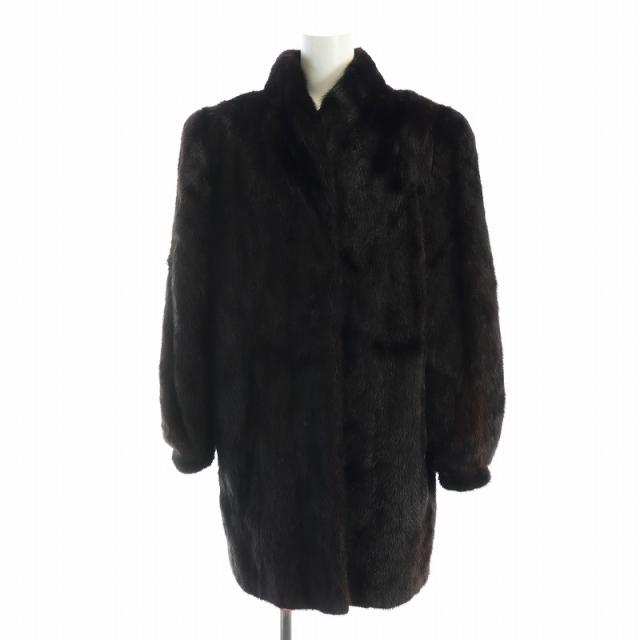 【中古】ノーブランド品 毛皮コート 長袖 ミンクファー 総裏地 ロング 大きいサイズ ネーム刺繍入り 15 XXL 茶