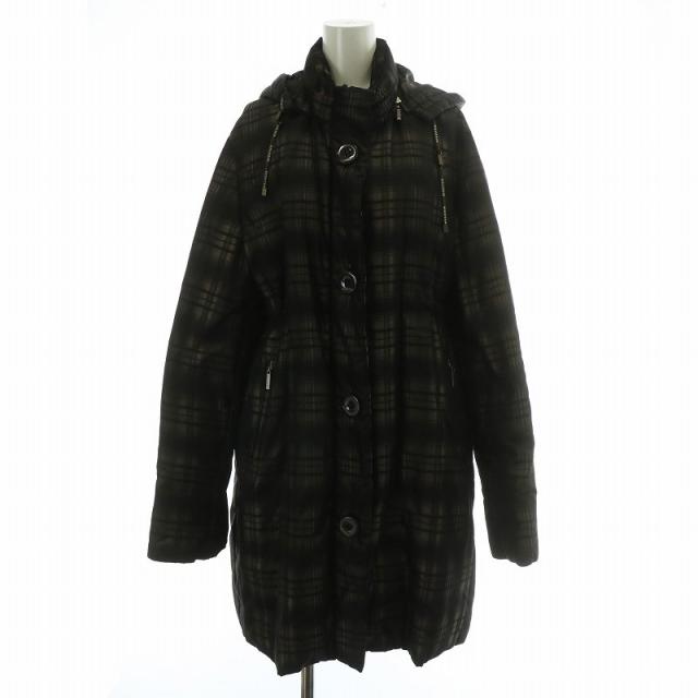 【中古】バルマン BALMAIN ダウンコート ロング アウター タータンチェック 総柄 フード ジップアップ L 茶 ブラウン