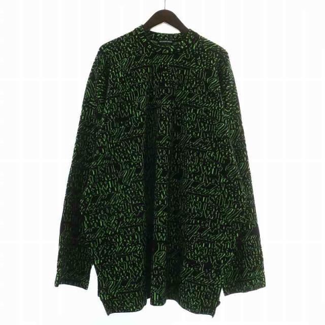 【中古】BALENCIAGA 19AW Slogan Print Sweater ニット セーター ウール ジャガード オーバーサイズ M 緑 黒 583085