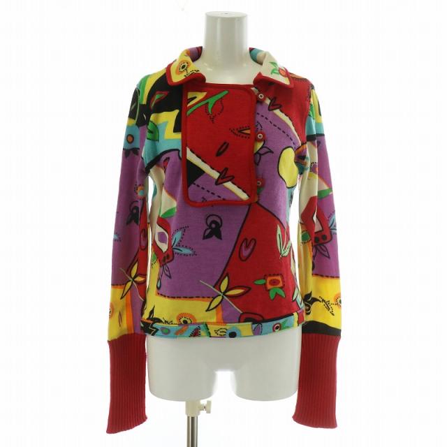 【中古】LEONARD SPORT ニット セーター ウール 長袖 襟付き プルオーバー 花柄 ロゴ 総柄 40 M マルチカラー