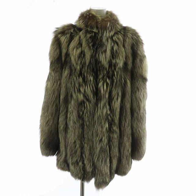 【中古】ノーブランド ファー コート アウター 毛皮 シルバーフォックス ミドル 白 ホワイト 茶色 ブラウン