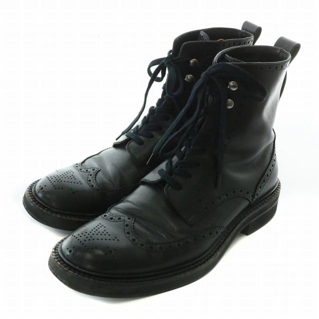 【中古】LOUIS VUITTON ショートブーツ レザー ラウンドトゥ ウイングチップ レースアップ ロゴ 6.5 25.5cm 黒