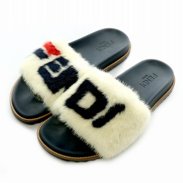 【中古】フェンディ FENDI フィラ FILA レザー サンダル ミンクファー 毛皮 ロゴ 白 ホワイト 黒 ブラック 茶