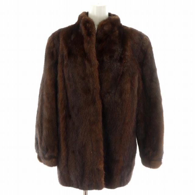 【中古】ファーコート ミドル ハーフ ミンク 毛皮 総裏地 11号 大きいサイズ 茶 ブラウン ダークブラウン