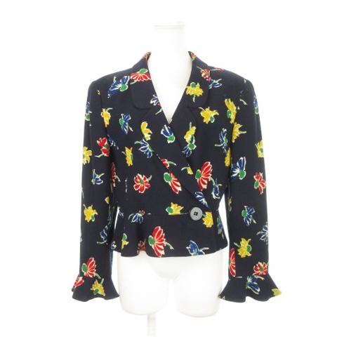 【中古】ヴァレンティノ ヴィンテージ テーラードジャケット ラウンドラペル ショート丈 総裏地 花柄 42 XL 紺