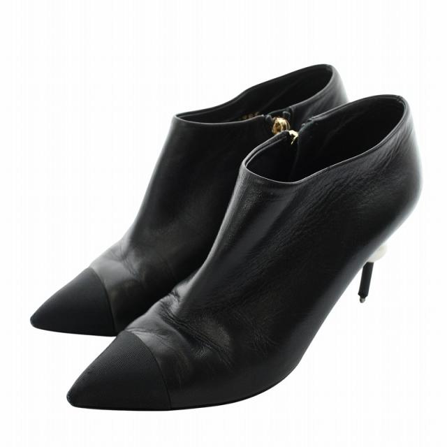 【中古】シャネル CHANEL ブーティ レザー ポインテッドトゥ ピンヒール フェイクパール ココマーク 35 22cm 黒