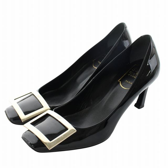 【中古】ROGER VIVIER BELLE VIVIER パンプス エナメル スクエアトゥ ヒール ゴールド金具 ロゴ 35.5 22.5cm 黒