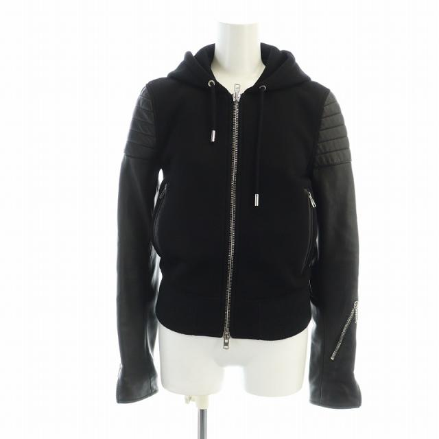 【中古】ジバンシィ GIVENCHY ライダース ジャケット フード パーカー レザー 切替 ジップアップ 34 XS 黒