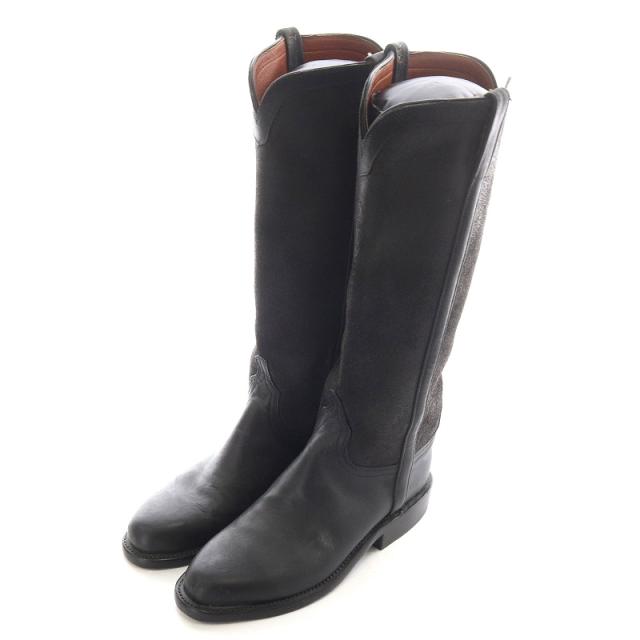 【中古】ルケーシー Lucchese ロング ペコス ブーツ レザー スエード 切替 プレーントゥ 5 1/2 23.5 黒 茶 ブ B500405