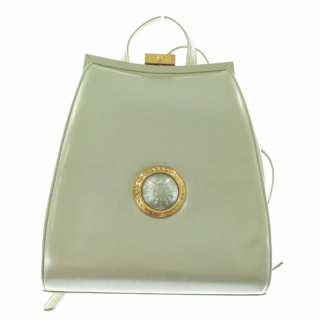 【中古】GIANNI VERSACE リュックサック デイパック エナメル レザー がま口 サンバースト ロゴ ゴールド金具 緑