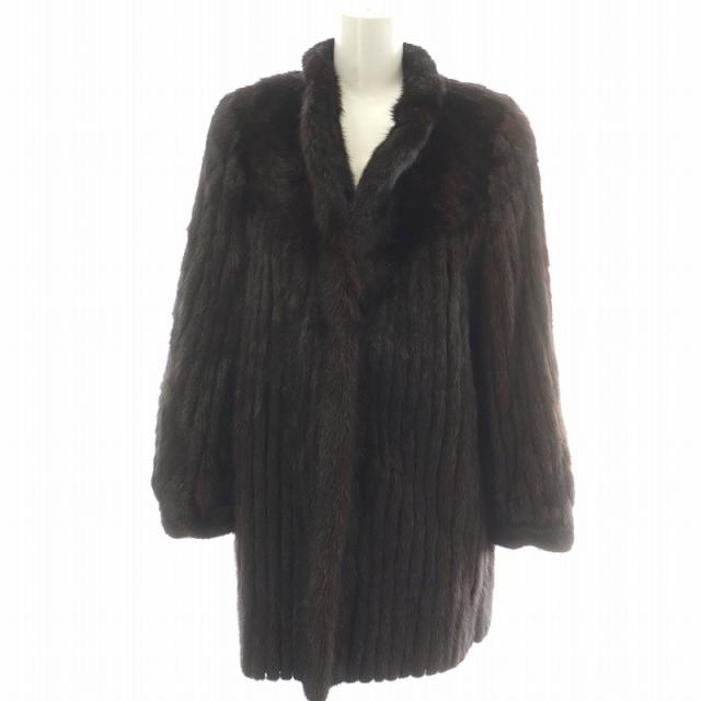 【中古】ファーコート ロング ミンク 毛皮 総裏地 刺繍 13号 茶 ブラウン ダークブラウン /MP ■GY18 レディース