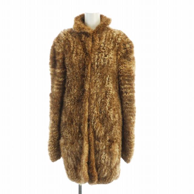 【中古】ノーブランド品 毛皮コート ミンクファー ナチュラル ツイード  カナディアン ロング 長袖 茶 ブラウン