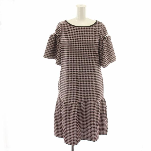 【中古】未使用品 ルネ Rene ワンピース ひざ丈 チェック柄 ラウンドネック オープンショルダー 36 ピンク 黒