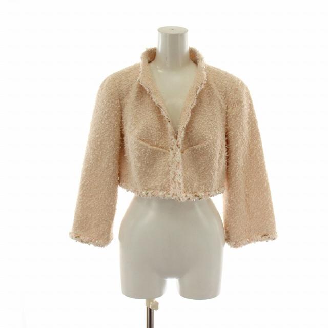 【中古】未使用品 ルネ Rene ツイード ジャケット ノーカラー ショート丈 パール ビジュー コサージュ 36 ピンク