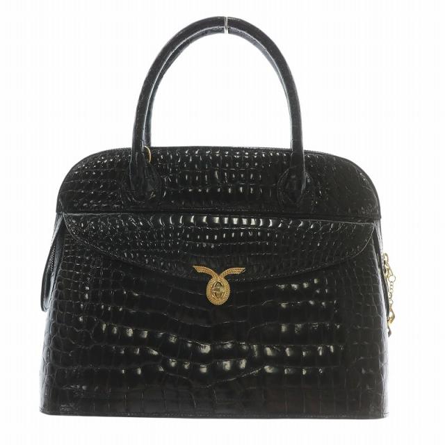 【中古】ノーブランド 2WAY ショルダーバッグ ハンドバッグ シャイニークロコ クロコダイル レザー ゴールド金具 黒