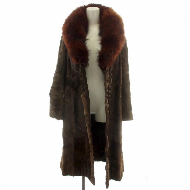 【中古】ファーコート ロング ミンク 襟 フォックス 毛皮 総裏地 11号 茶 ブラウン /MP ■GY11 レディース