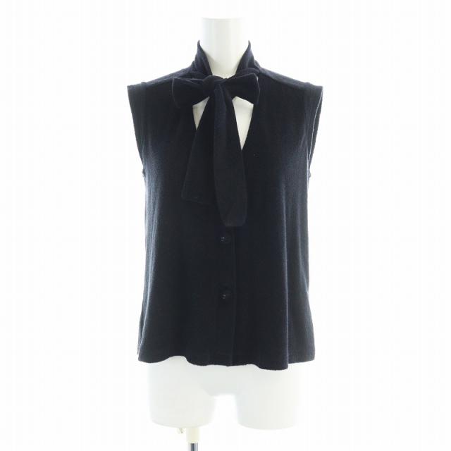 【中古】シャネル CHANEL ノースリーブカーディガン ベスト パイル地 リボンタイ ココマーク ロゴ 36 S 紺 ネイビー