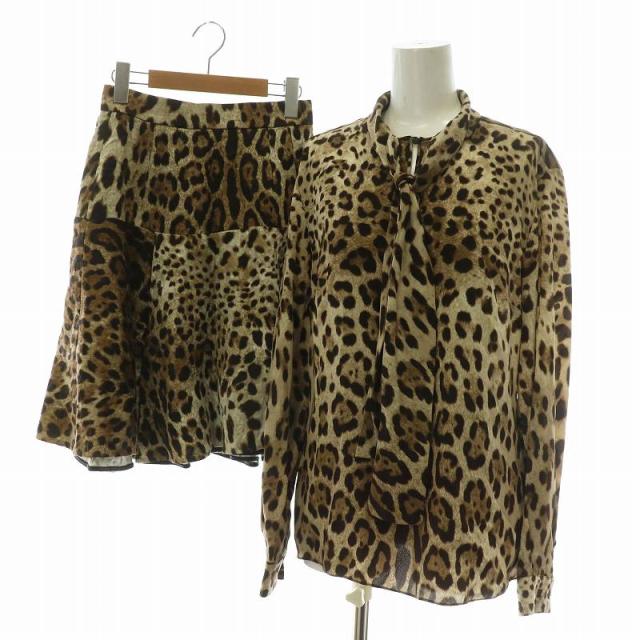 【中古】DOLCE&GABBANA セットアップ ブラウス シャツ シルク 長袖 フレアスカート レオパード 36 XS 40 M 茶色