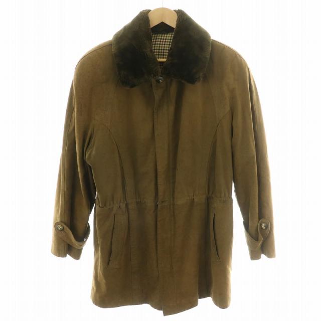 【中古】ジリ ZILLI レザーコート ロング チンストラップ ミンクファー 毛皮 着脱可 チェック柄 48 カーキ 茶