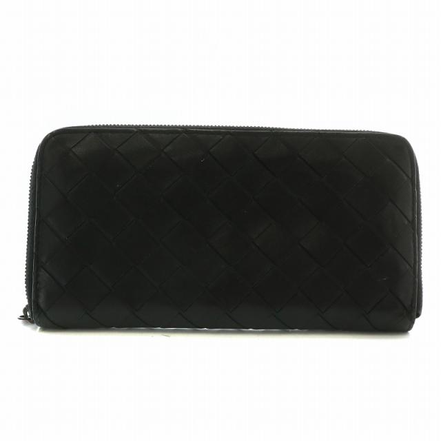 【中古】ボッテガヴェネタ 593217 イントレチャート ロング ウォレット 長財布 ラウンドファスナー レザー 太目 黒