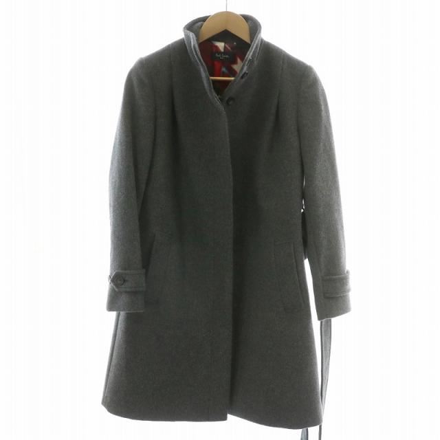 【中古】ポールスミス ブラック メルトンコート ロング スタンドカラー 比翼 ウール 総裏地 背面ベルト付き 38 S 灰