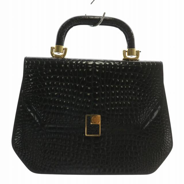【中古】イタリア製 FBM  F.B.M ハンドバッグ クロコダイル クロコ レザー ワニ革 ゴールド金具 黒 ブラック