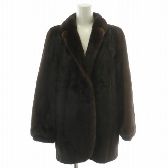 【中古】ミツコシ MITSUKOSHI ファーコート ミドル ハーフ ミンクファー 毛皮 総裏地 11号 大きいサイズ 茶