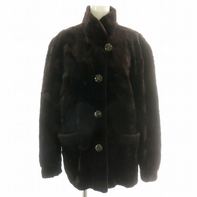 【中古】ファーコート ミドル ハーフ シェアードミンクファー 毛皮 総裏地 フリー F  大きいサイズ 茶 赤