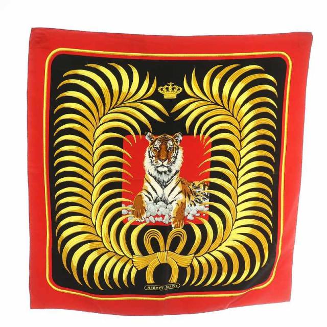 【中古】エルメス HERMES カレ90 Tigre  王者の虎 スカーフ 絹 シルク 虎柄 タイガー柄 総柄 ロゴ 黒 赤