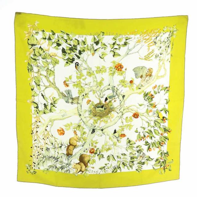 【中古】エルメス HERMES カレ90 AU COEUR DES BOIS 森の中で スカーフ 絹 シルク 動物 植物 総柄 ロゴ 緑