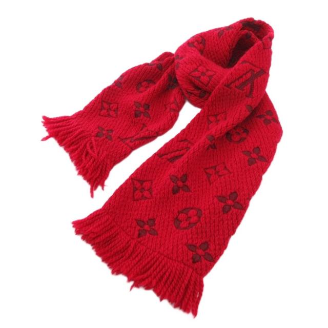 【中古】ルイヴィトン エシャルプ ロゴマニア モノグラム マフラー ストール フリンジ ウール シルク混 赤 M7243