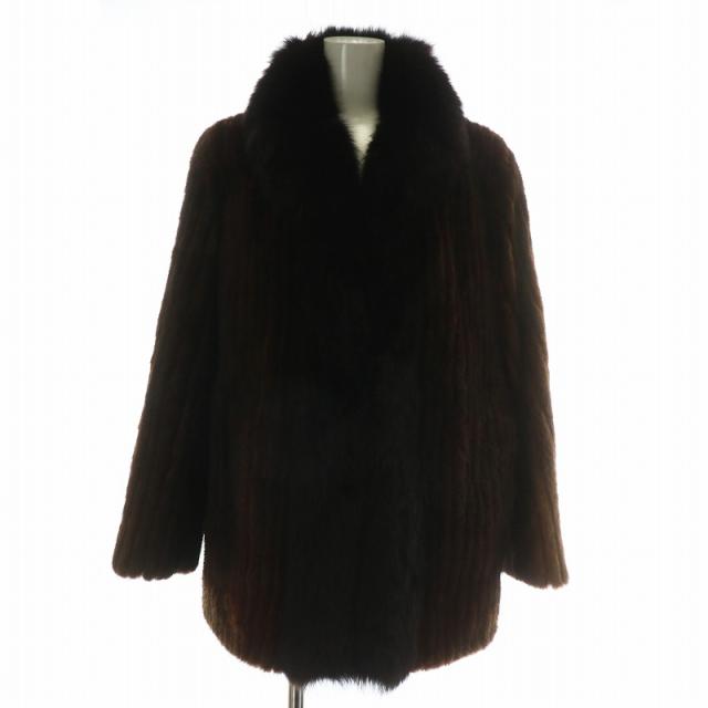 【中古】ノーブランド ファーコート アウター 毛皮 ミンク 襟フォックスファー ミドル 肩パッド 11 L 茶色 ブラウン