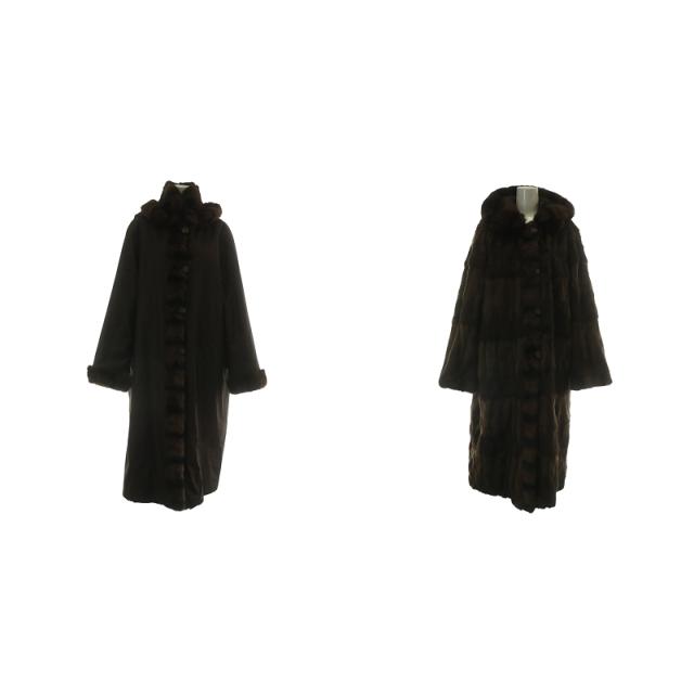 【中古】EMCHARIOT ファーコート アウター リバーシブル 毛皮 ロリス 絹 シルク ミドル フード L 茶色