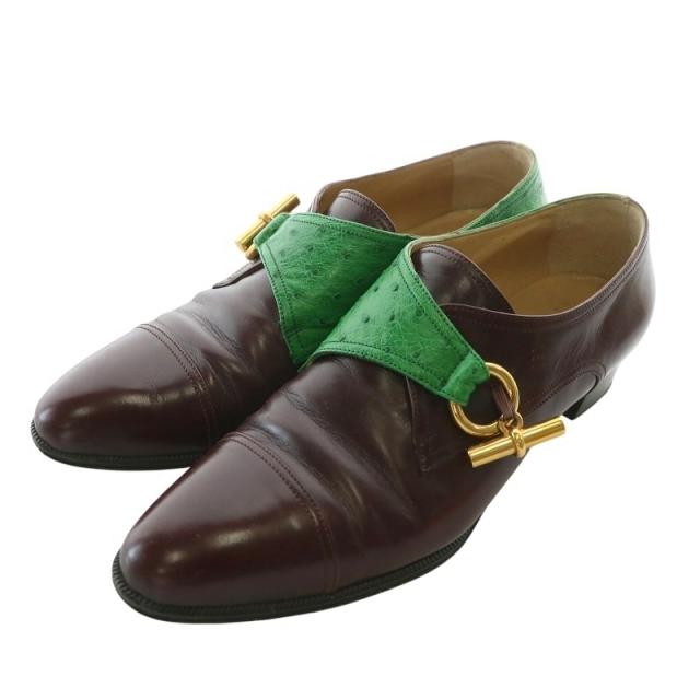 【中古】HERMES ローファー オーストリッチ レザー ラウンドトゥ ストレートチップ ゴールド金具 35 22cm 茶色 緑