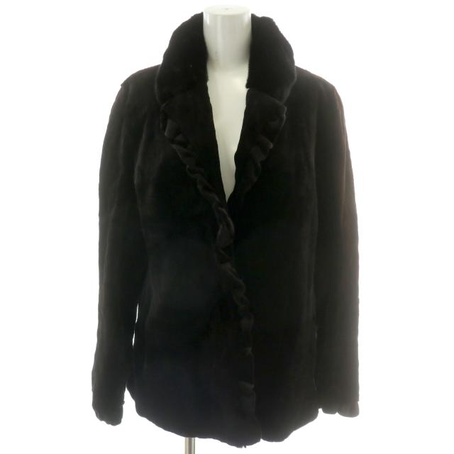 【中古】SAGA FURS ファーコート ミドル ハーフ シェアードミンクファー  毛皮 切替 フリル 総裏地 黒 ブラック