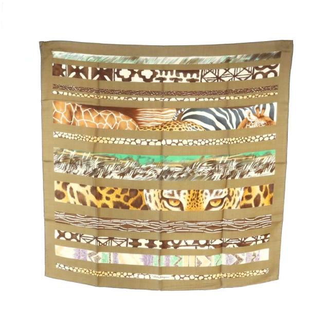 【中古】サルヴァトーレフェラガモ Salvatore Ferragamo 大判スカーフ ストール 総柄 アニマル柄 ロゴ 絹 シルク 茶