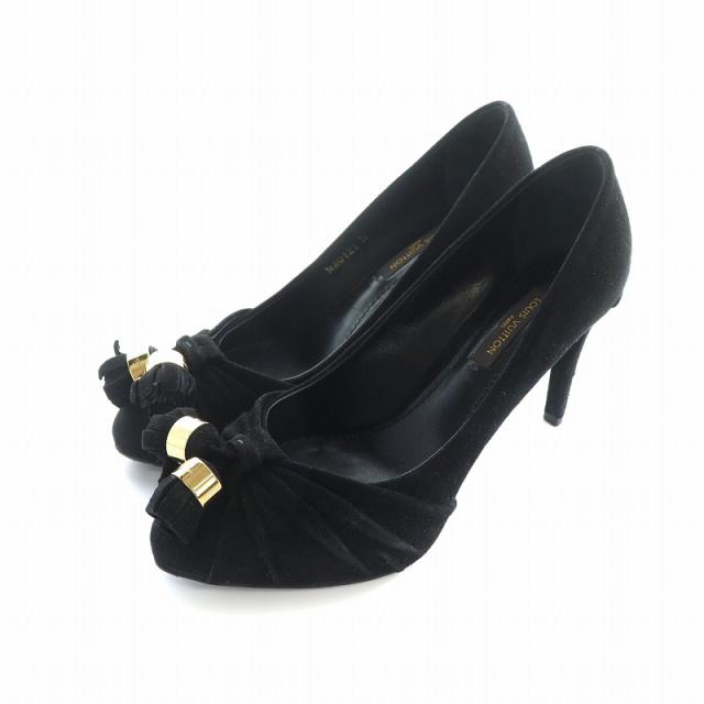 【中古】ルイヴィトン LOUIS VUITTON パンプス スエード ロゴ タッセル ポインテッドトゥ ハイヒール 22.5cm 黒