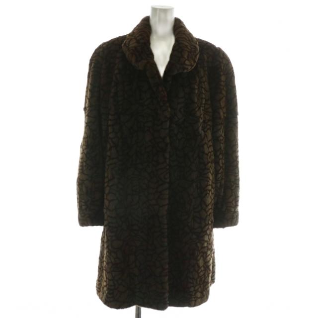 【中古】ノーブランド ファーコート アウター 毛皮 シェアードミンク ミドル 肩パッド 総柄 F 茶色 ブラウン