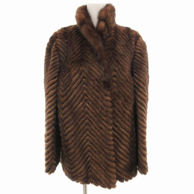 【中古】ノーブランド ミンクファーコート 毛皮 ショート シェブロンカット 大きいサイズ 13 茶 ブラウン /GV