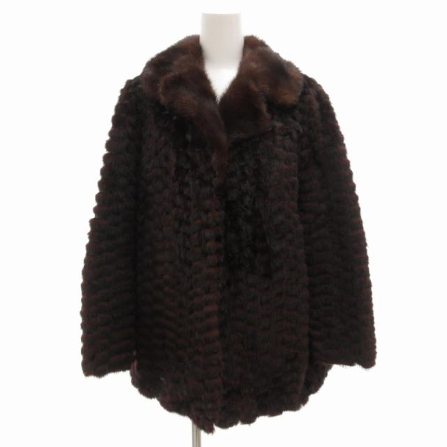 【中古】ノーブランド ミンクファーファーコート 毛皮 ミドル ハーフ 市松模様 茶 ブラウン /GV ■GY18 レディース