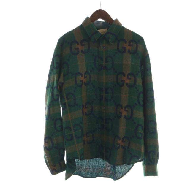 【中古】グッチ GUCCI 22AW ジャンボ GG チェック シャツ 長袖 ウール 46 S 緑 グリーン 711543 ■GY17 /MQ メンズ
