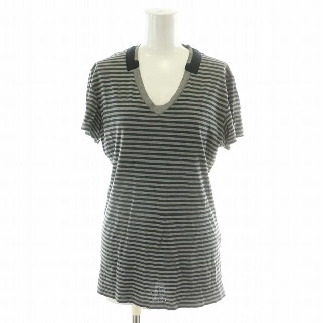 【中古】ディオールオム Dior HOMME Tシャツ カットソー 半袖 Vネック ボーダー柄 XS 灰 グレー 黒 ブラック