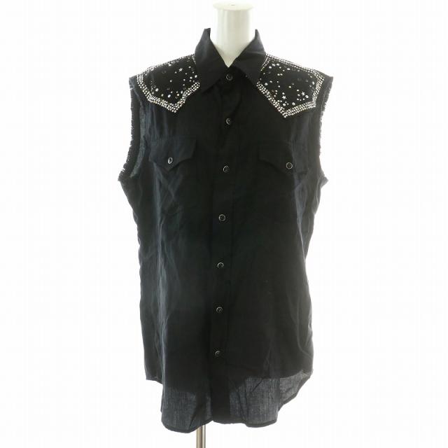 【中古】サンローラン パリ カジュアルシャツ ノースリーブ レギュラーカラー スタッズ スナップボタン XS 黒 銀 金