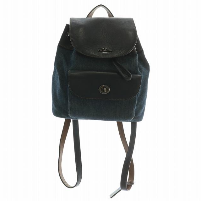 【中古】COACH リュックサック デイバッグ デニム キャンバス レザー 巾着 内側花柄 ロゴ インディゴ 紺 F57547