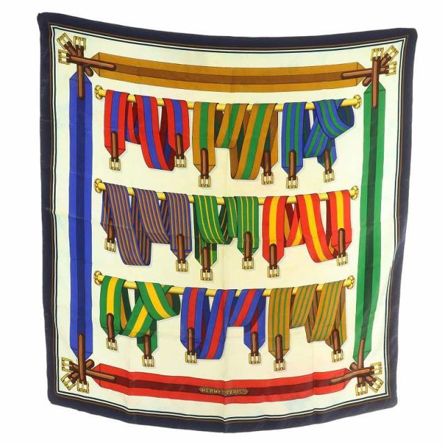 【中古】エルメス HERMES カレ90 J.METZ スカーフ 絹 シルク ベルト サスペンダー柄 総柄 ロゴ マルチカラー