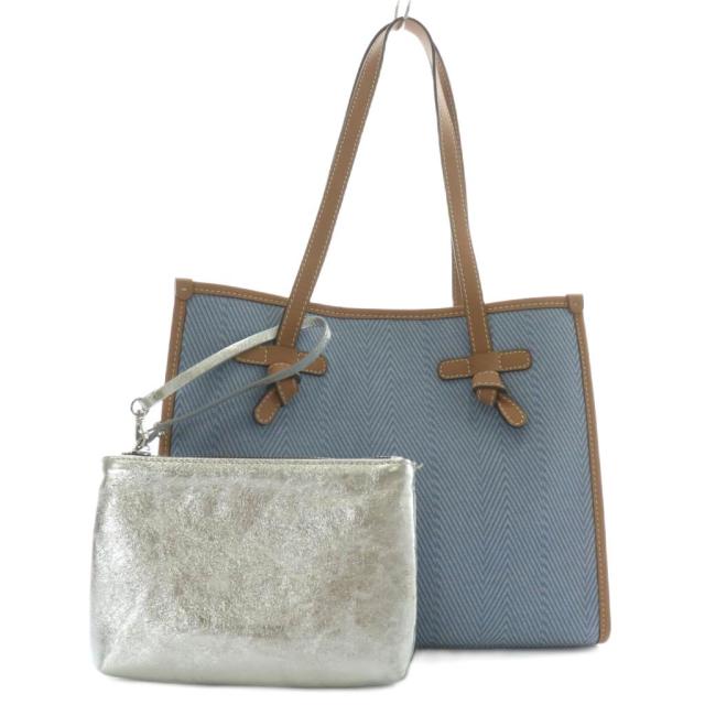 【中古】ジャンニカリーニ マルチェッラ S ショッピング トートバッグ ハンド ポーチ付き キャンバス レザー 青 茶