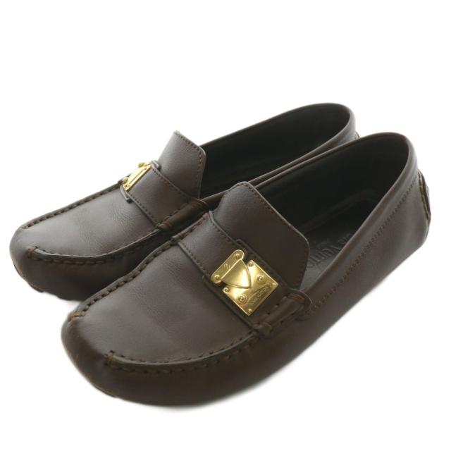 【中古】LOUIS VUITTON ドライビングシューズ ローファー レザー ラウンドトゥ ロゴ ゴールド金具 35 22cm 茶色