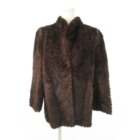 【中古】ランブルトンオンワード Rambulton Onward ファーコート スタンドカラー ミドル丈 ミンクファー 毛皮 11 茶