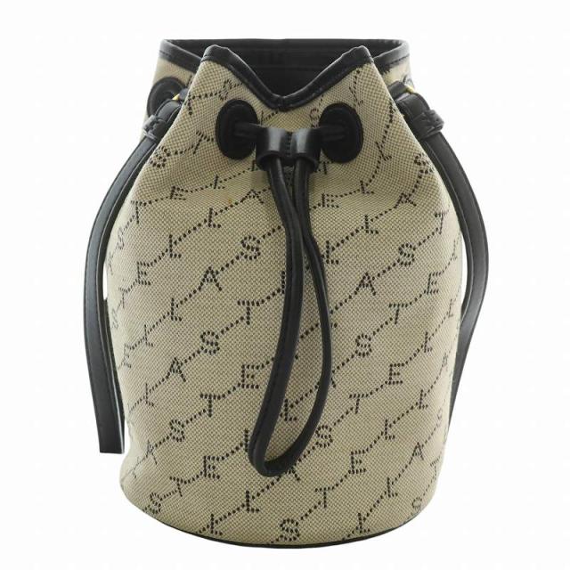【中古】STELLA McCARTNEY SAND ショルダーバッグ 巾着型 キャンバス レザー モノグラム ロゴ 総柄 ベージュ 黒