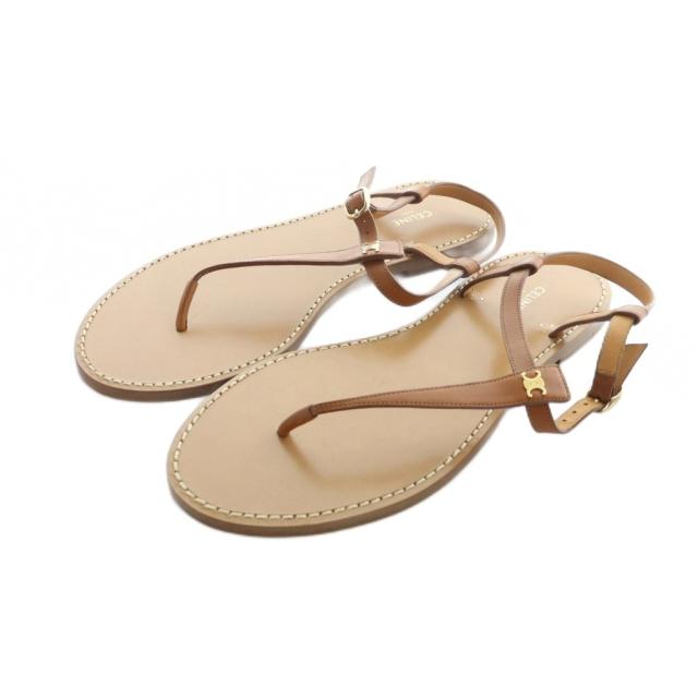 【中古】未使用品 セリーヌ CELINE トング サンダル Tストラップ レザー トリオンフ ロゴ ゴールド金具 39 25cm 茶